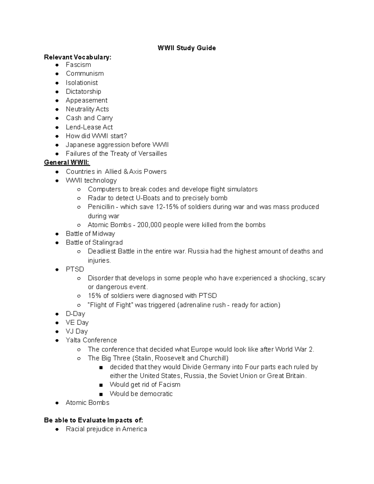 WWII Study Guide Notes - WWII Study Guide Relevant Vocabulary: Fascism ...