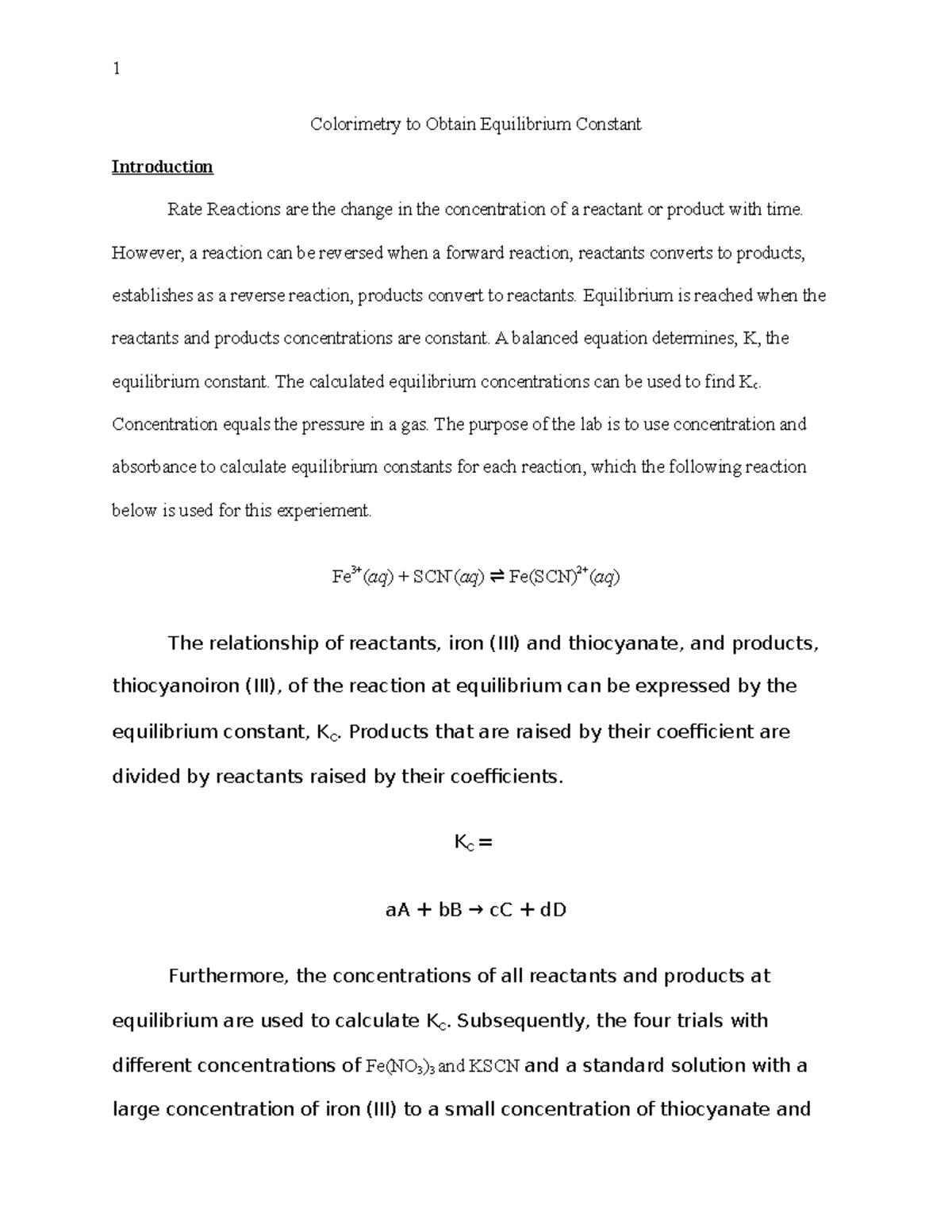 Colorimetry Lab - Colorimetry to Obtain Equilibrium Constant ...