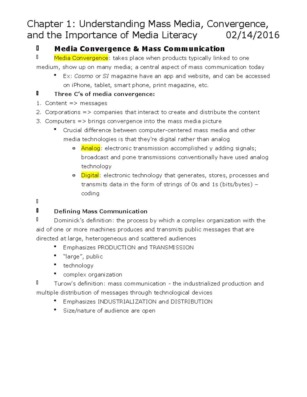 Midterm 1 Study Guide - Chapter 1: Understanding Mass Media ...