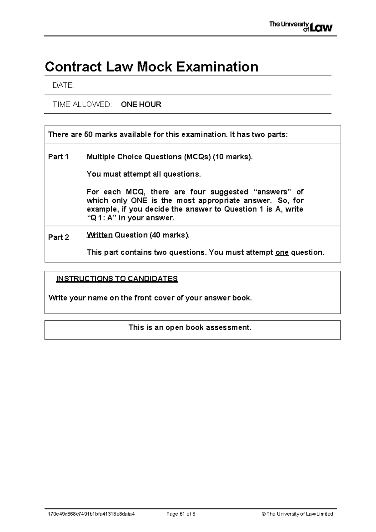 2324 cont level 4 ce02 mock exam - Contract Law Mock Examination DATE ...