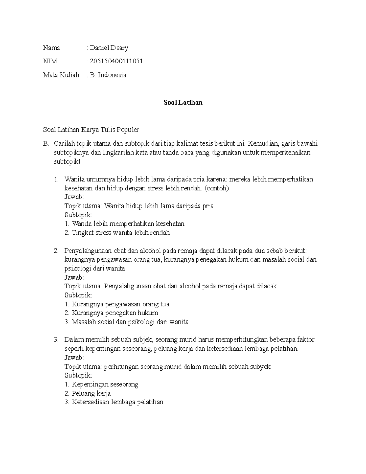 Latihan Soal Bahasa Indonesia - Nama : Daniel Deary NIM ...