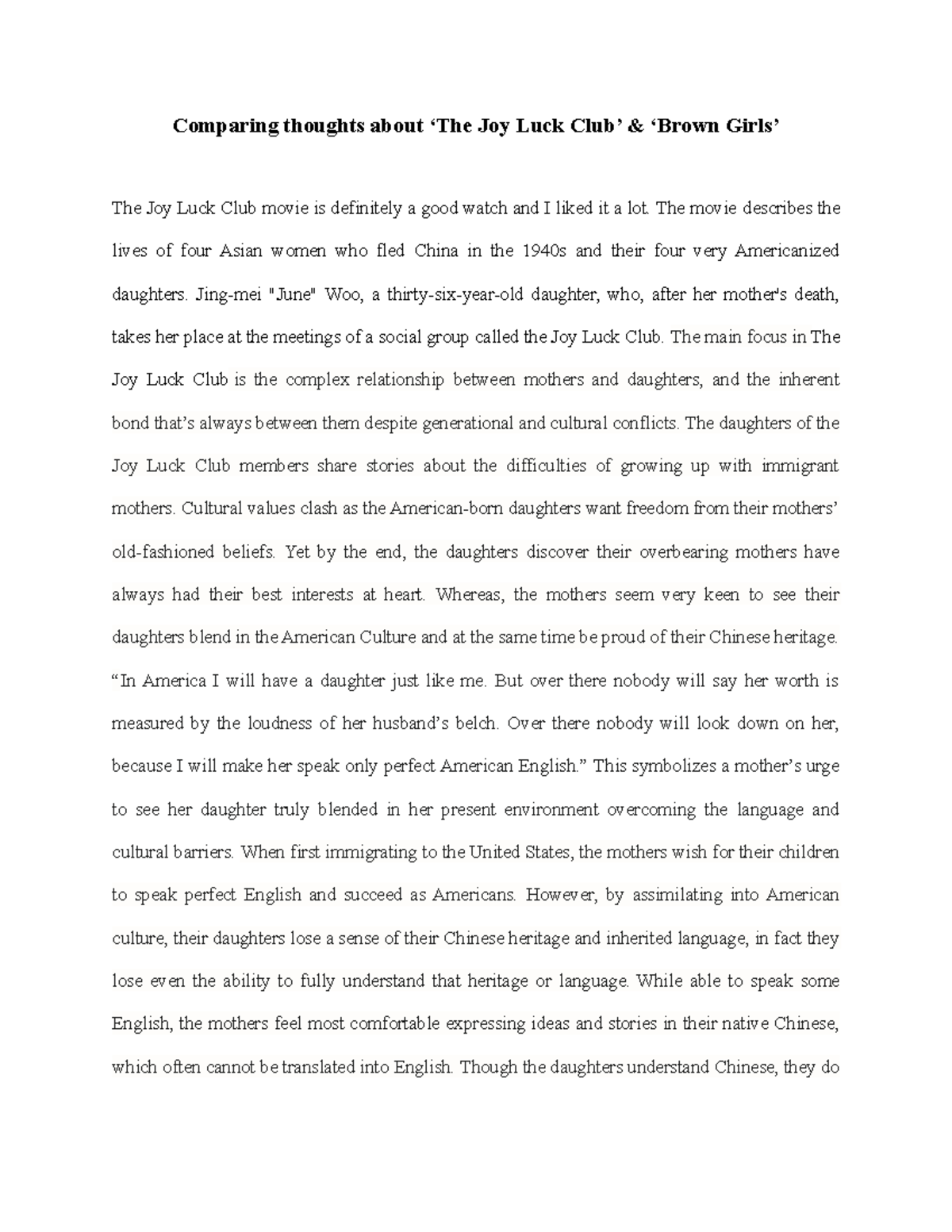 Essay 2 - Comparing thoughts about ‘The Joy Luck Club’ & ‘Brown Girls ...