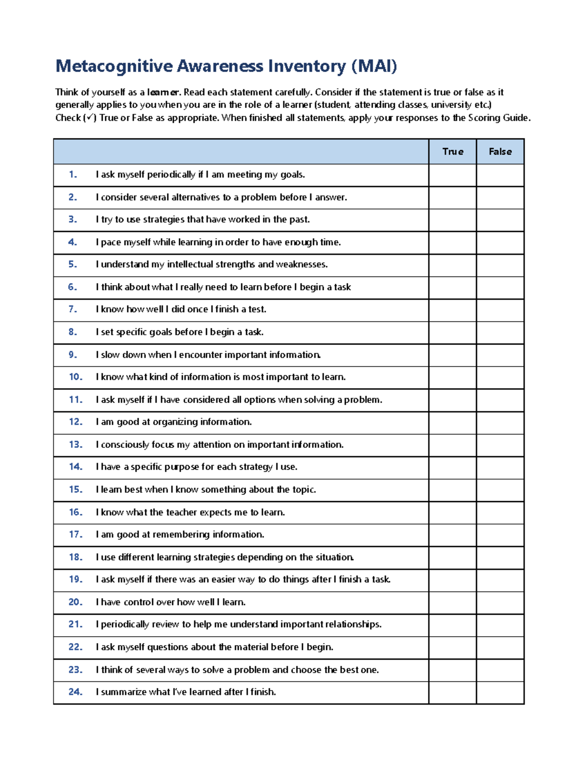 Metacognitive Awareness Inventory - Read each statement carefully ...