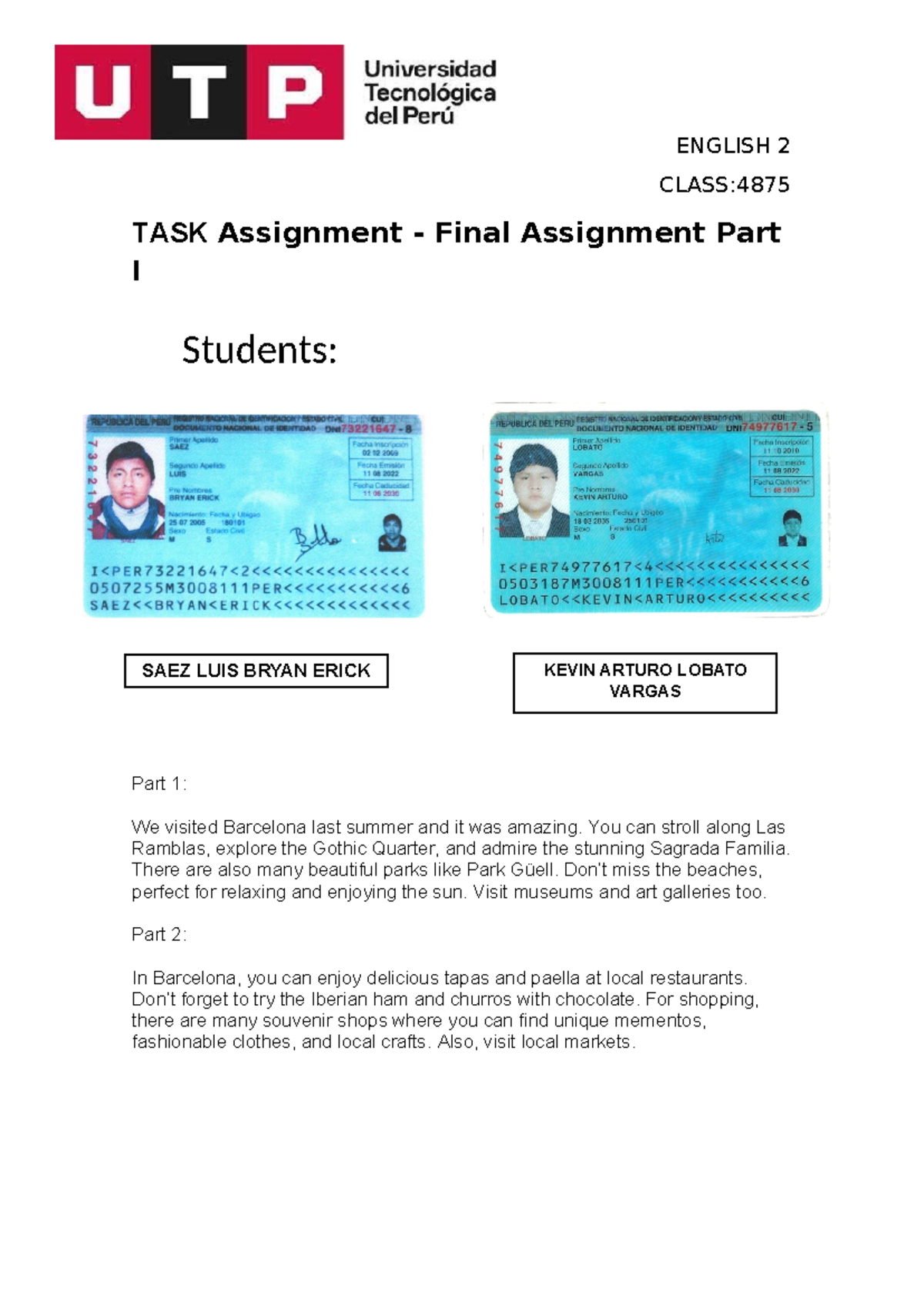 17 Task Assignment Final Assignment Part I - ENGLISH 2 CLASS: TASK Assignment - Final Assignment ...
