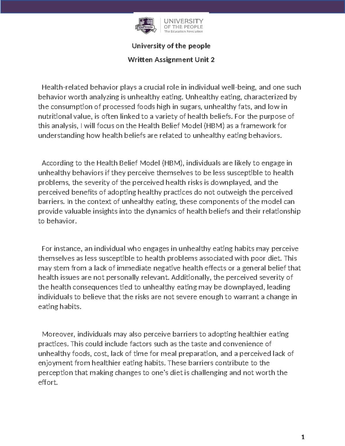 Written Assignment Unit 2 health psychology - University of the people Written Assignment Unit 2 ...