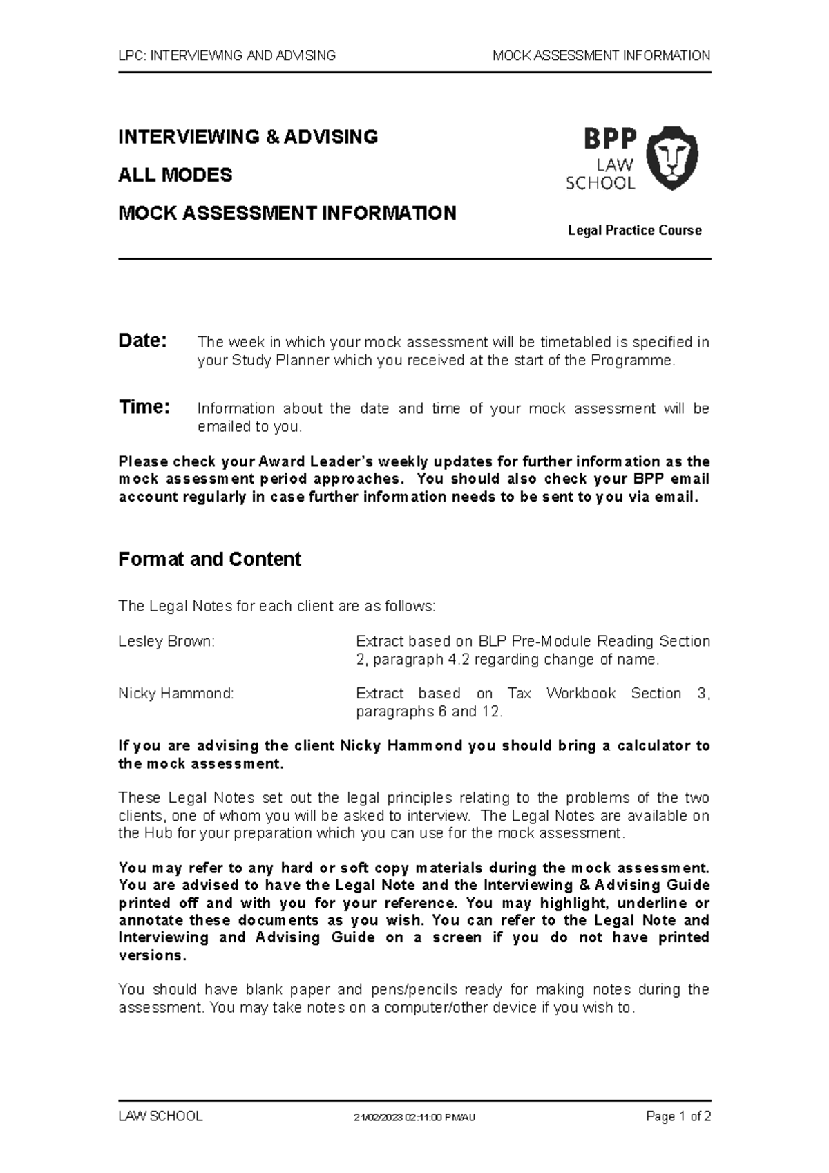 Interviewing Online Mock Assessment Information - LPC: INTERVIEWING AND ...