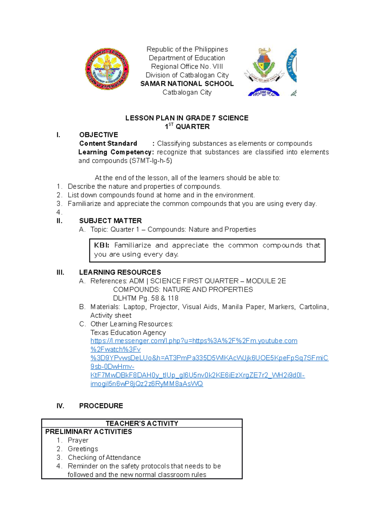 Compounds - LESSON PLAN G7 - Republic of the Philippines Department of ...