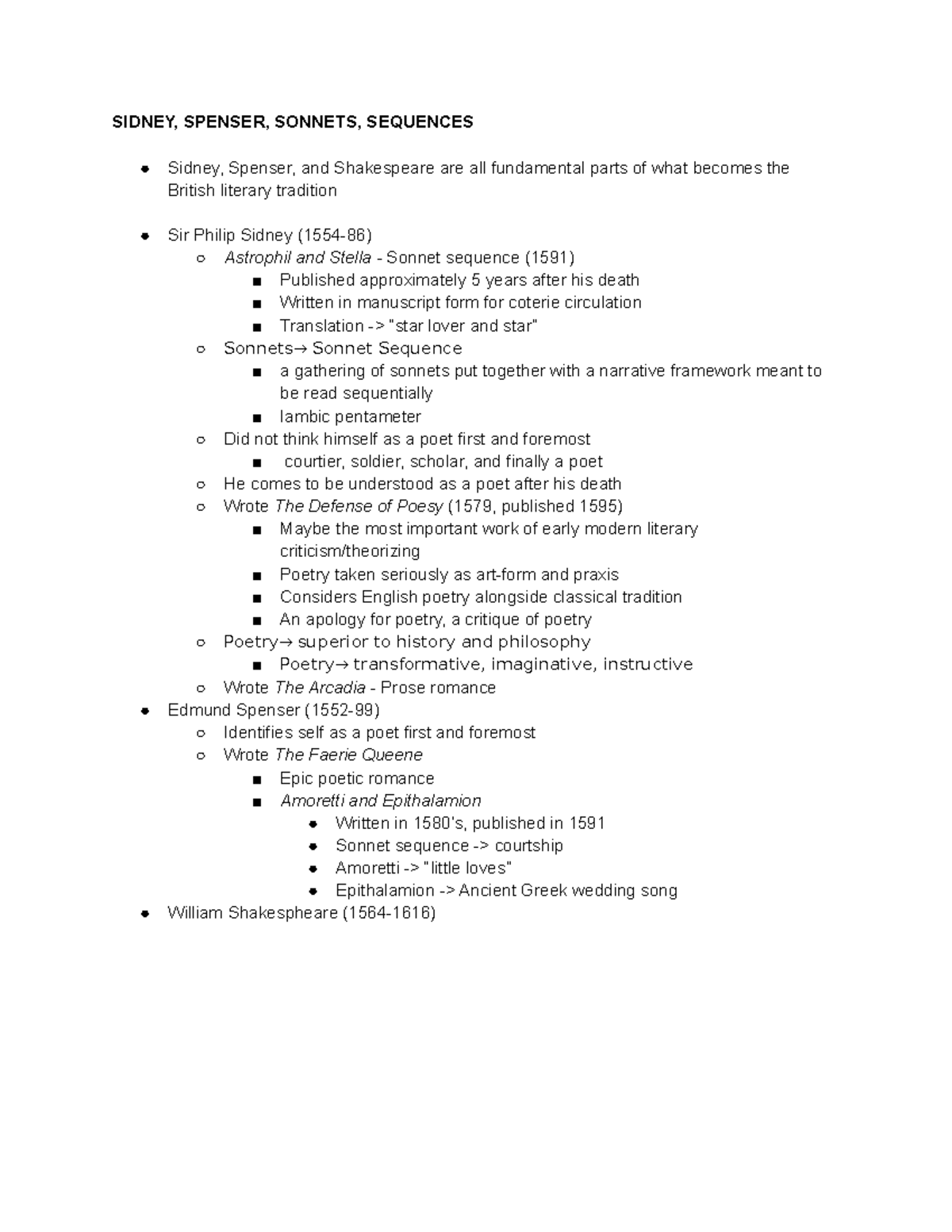 ENG 241 Notes 8 - Sydney, Spenser, Sonnets, Sequences - SIDNEY, SPENSER ...