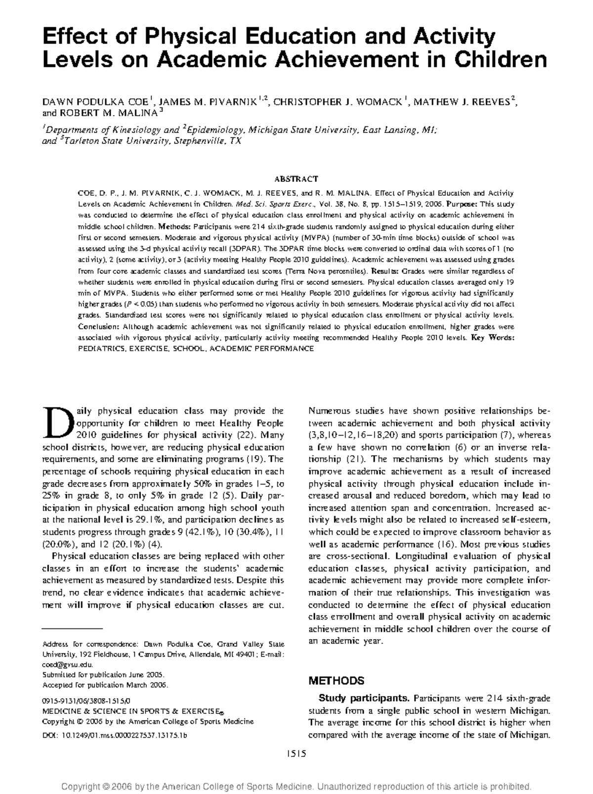 Newspaper article - asap - Effect of Physical Education and Activity ...