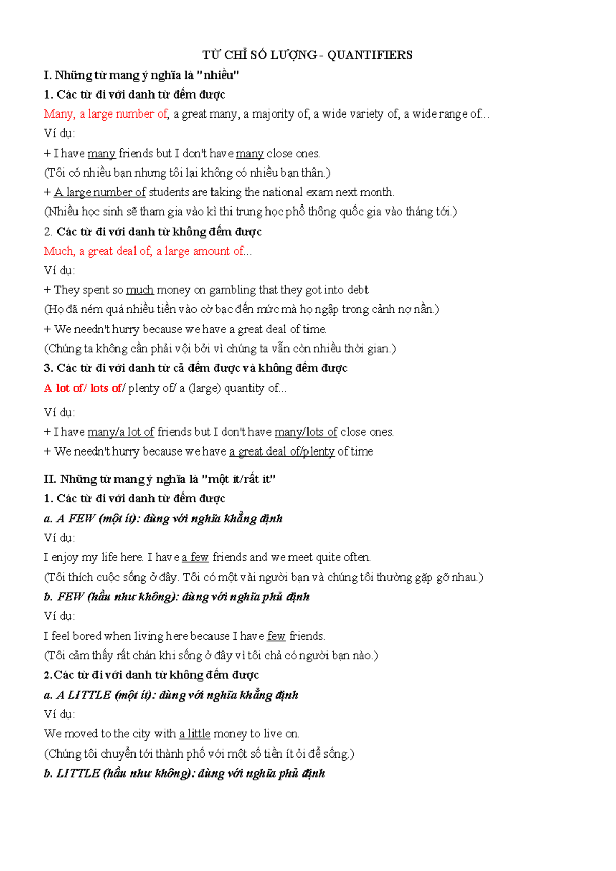 Lý thuyết từ chỉ số lượng - TỪ CHỈ SỐ LƯỢNG - QUANTIFIERS I. Những từ ...