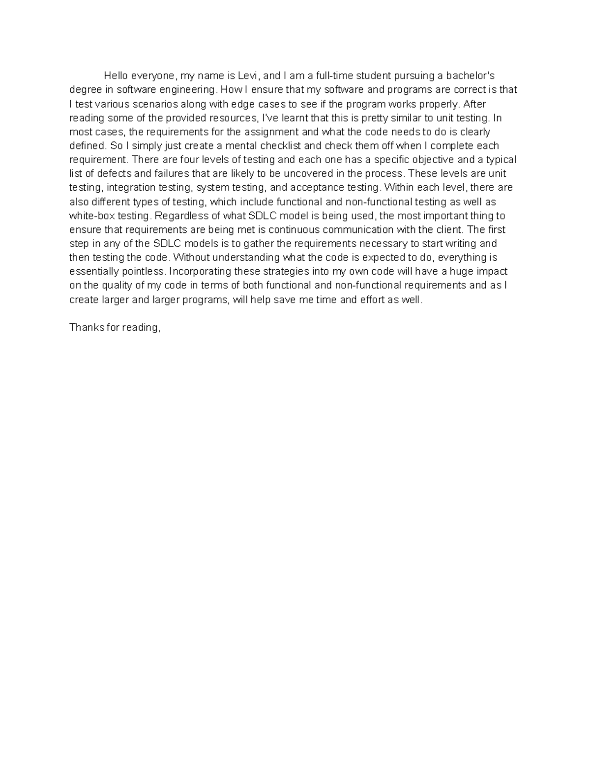 CS-320 MOD1 Discussion - Hello everyone, my name is Levi, and I am a full-time student pursuing ...