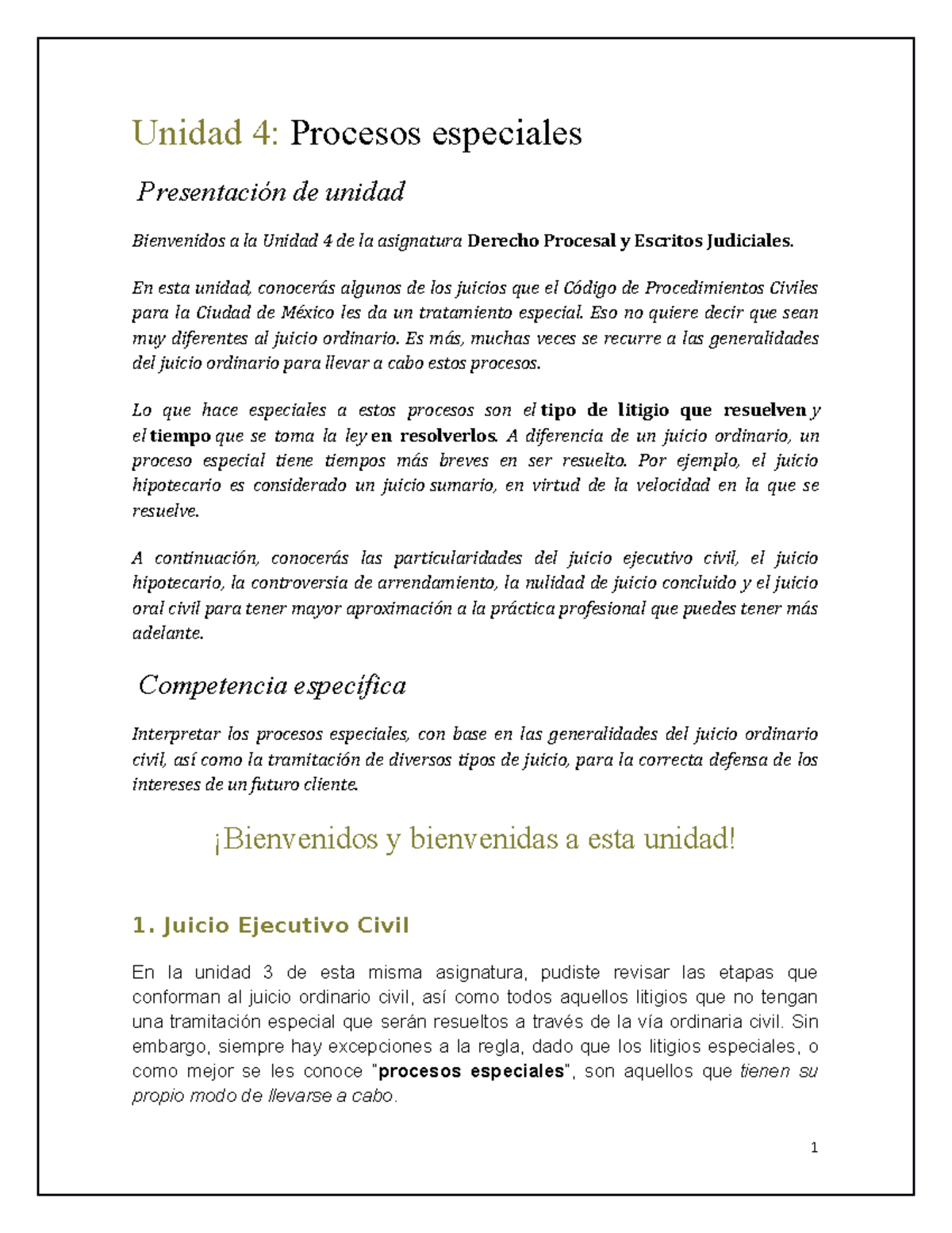 Unidad 4 (Derecho Procesal) - Unidad 4: Procesos especiales ...
