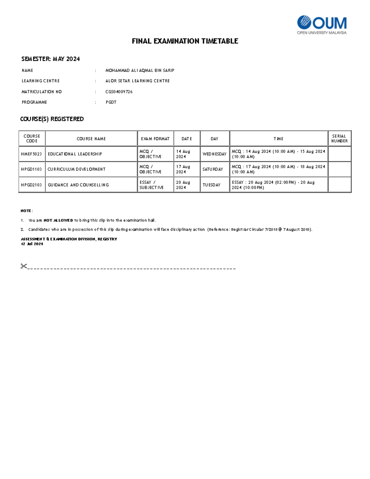 Example of Open University Malaysia OUM Student Timetable 2024 may till ...