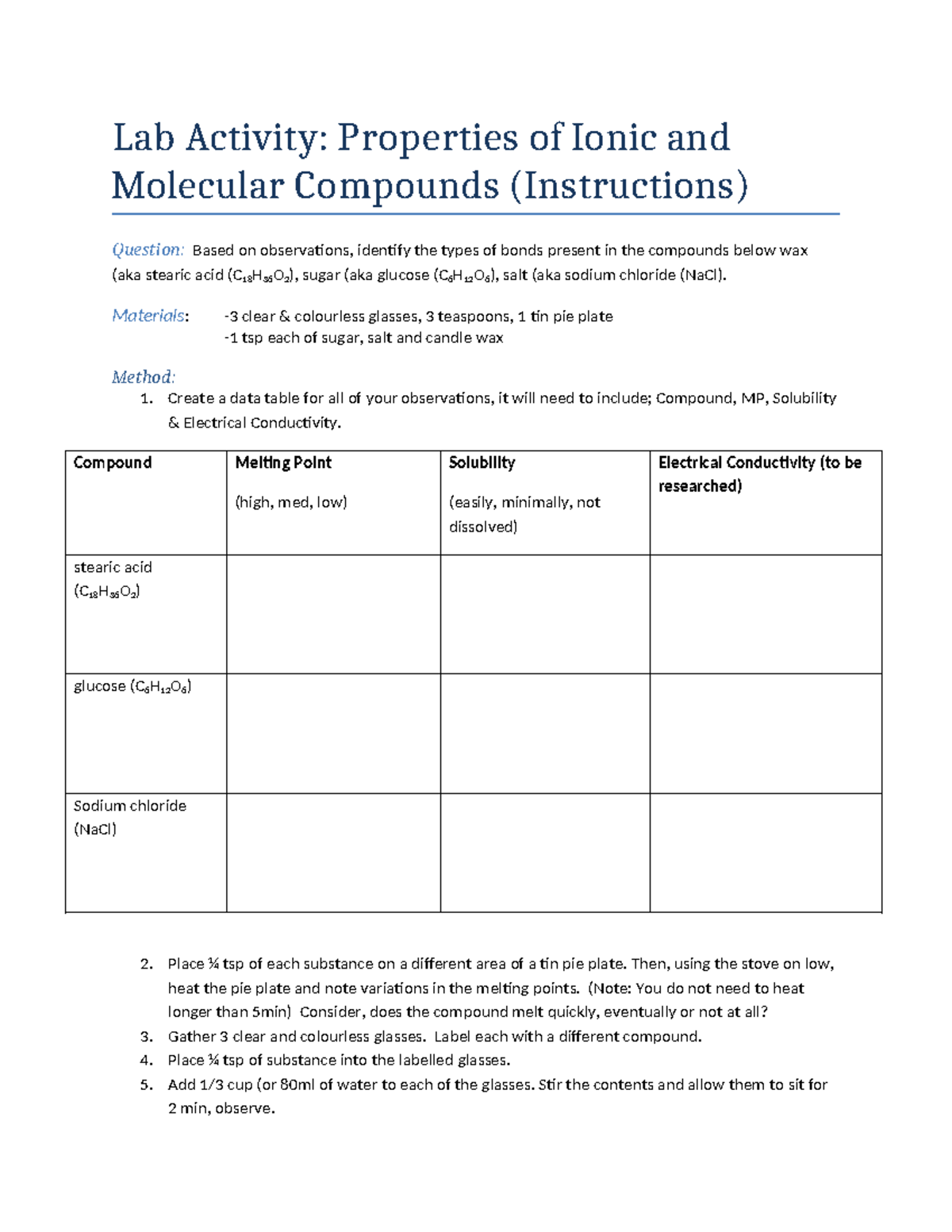 Bonding - @ home lab activity - Lab Activity: Properties of Ionic and ...