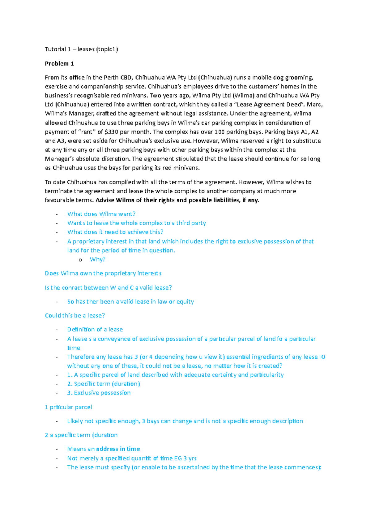 Tutorial 1 - Tutorial 1 – leases (topic1) Problem 1 From its office in ...