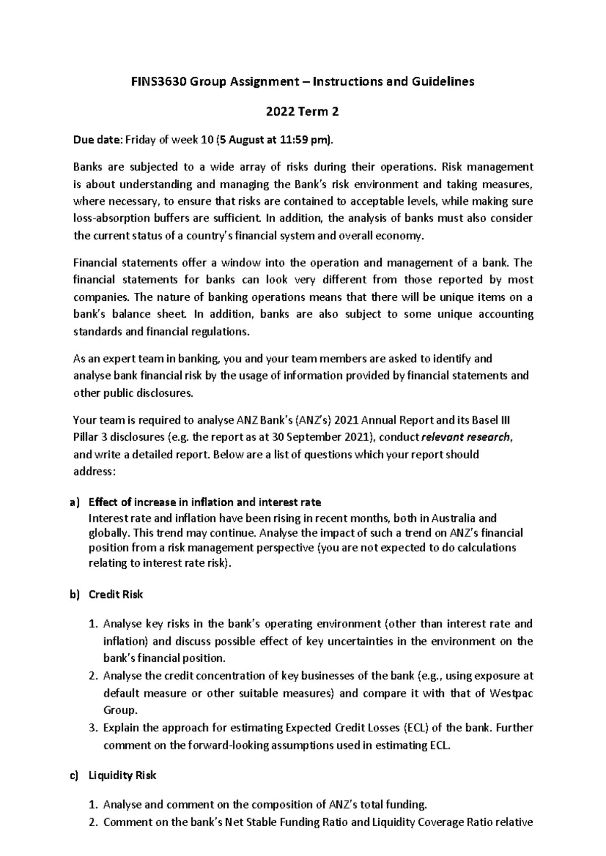 Group Assignment Instructions and Guidelines T2 2022 - Banks are ...