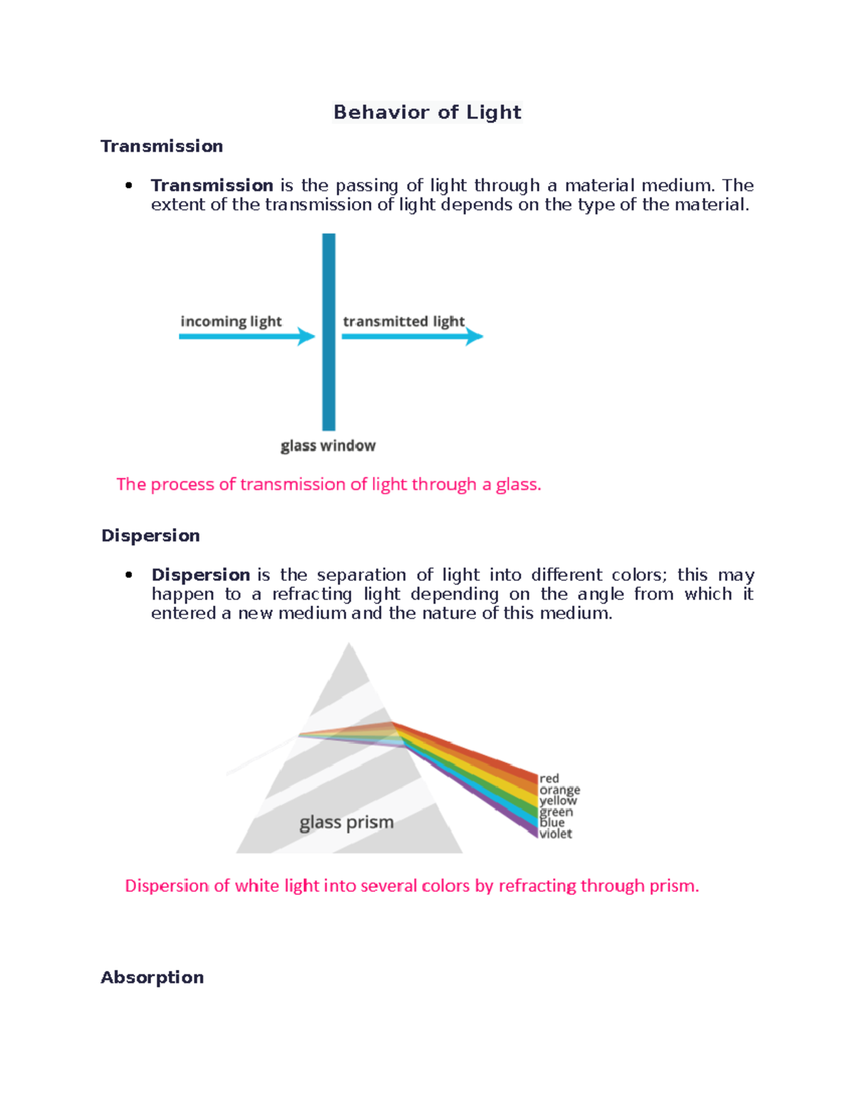 Behavior of Light - Behavior of Light Transmission Transmission is the ...