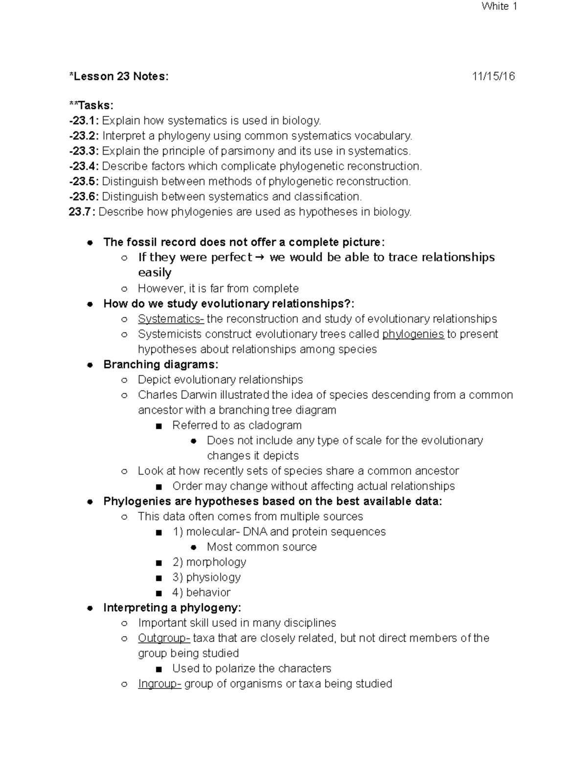 Lesson 23 - Lecture notes 1 - White 1 *Lesson 23 Notes: 11/15/16 ...