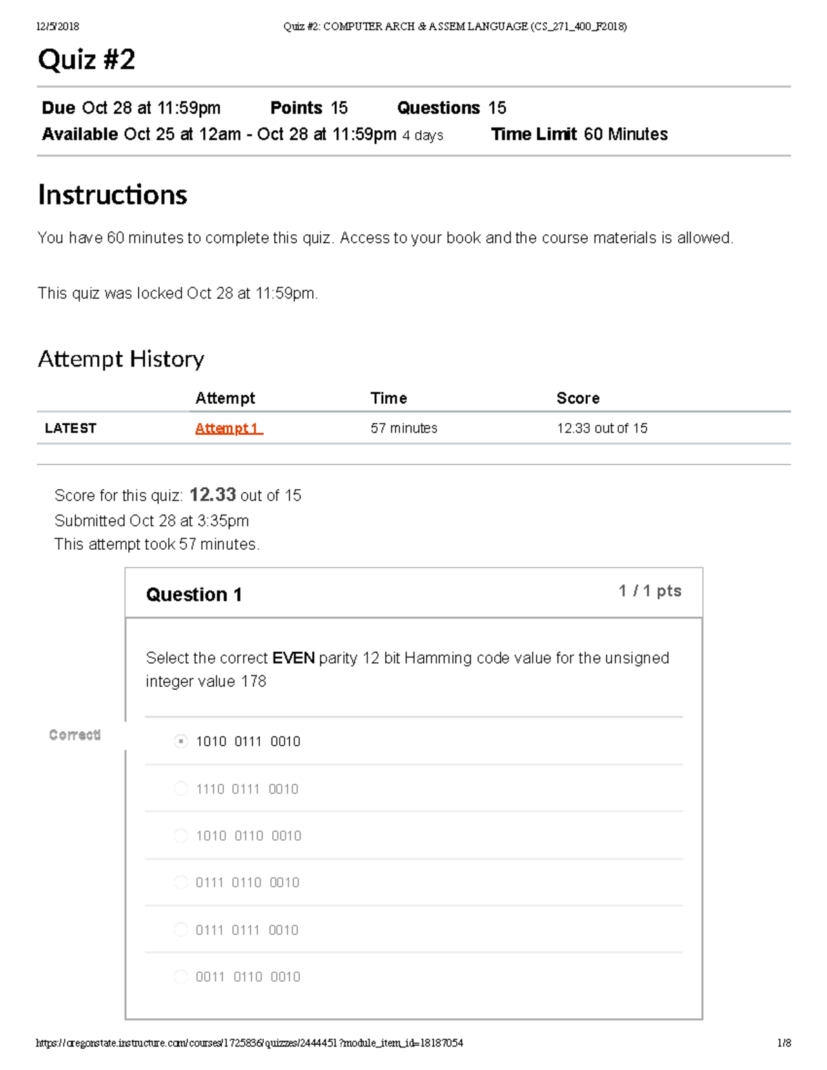 Quiz #2 Computer ARCH & Assem Language (CS 271 400 F2018 ) - 12/5/2018 Quiz #2: COMPUTER ARCH ...