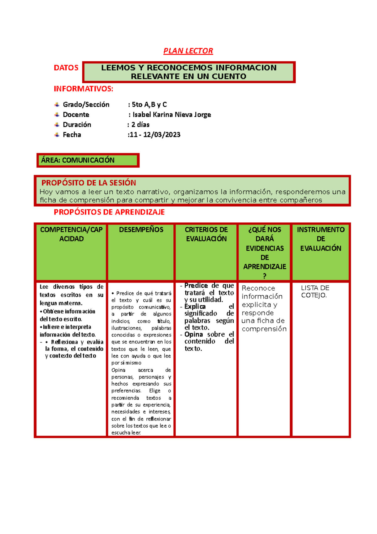 Leemos Y Reconocemos Informacion Relevante EN UN Cuento - PLAN LECTOR ...