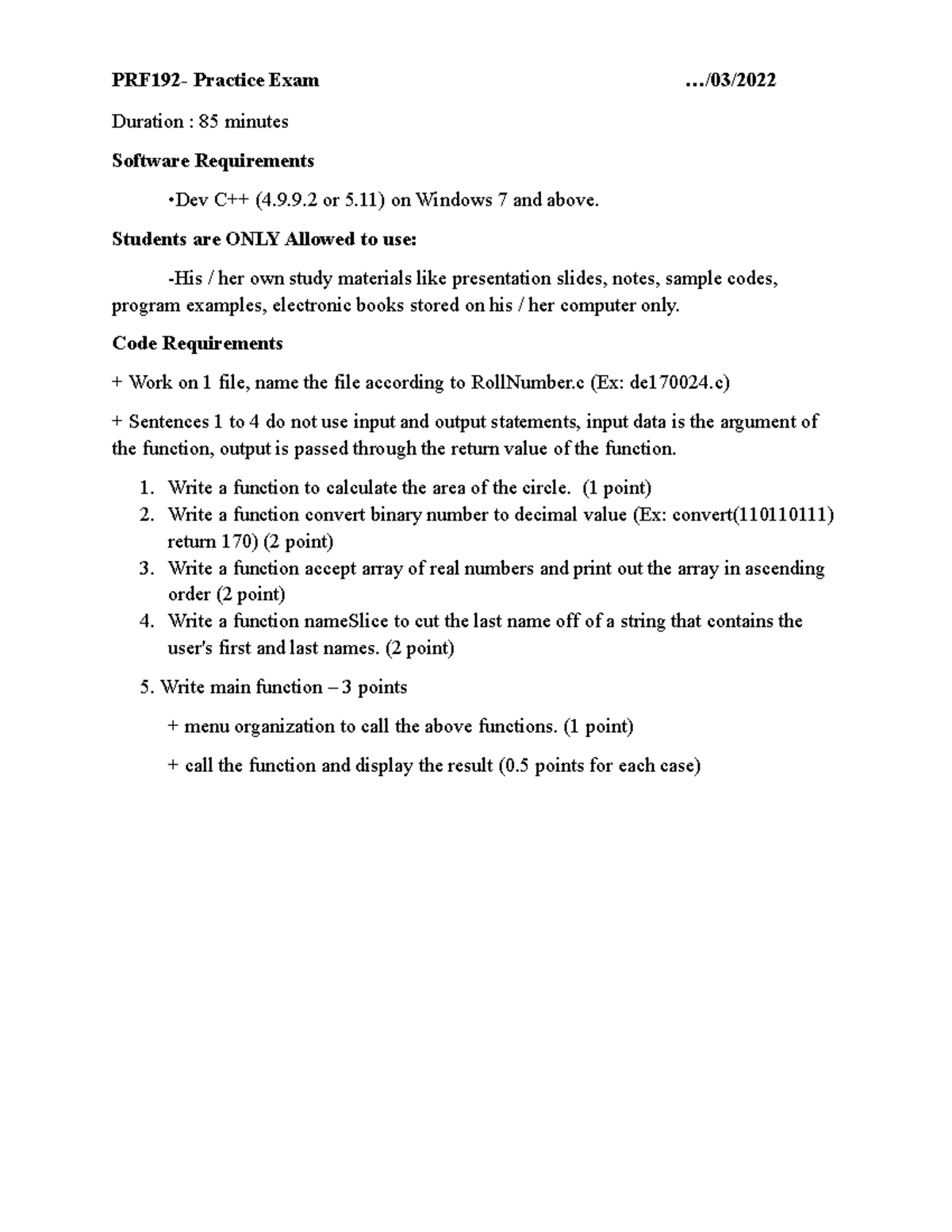 PE (2) - PE final - PRF192- Practice Exam .../03/ Duration : 85 minutes ...
