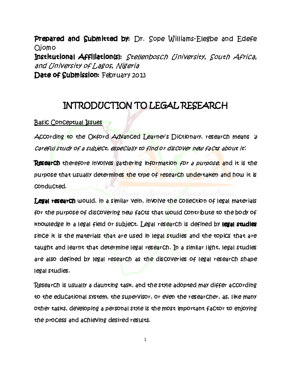 Introduction to Legal Research - Prepared and Submitted by: Dr. Sope ...