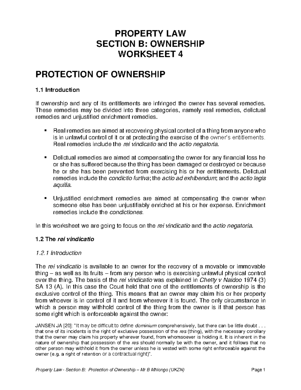 Worksheet 4 - Protection of Ownership - PROPERTY LAW SECTION B ...