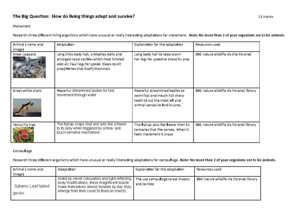 Adaptation project page 1 (Autosaved) - The Big Question: How do living ...