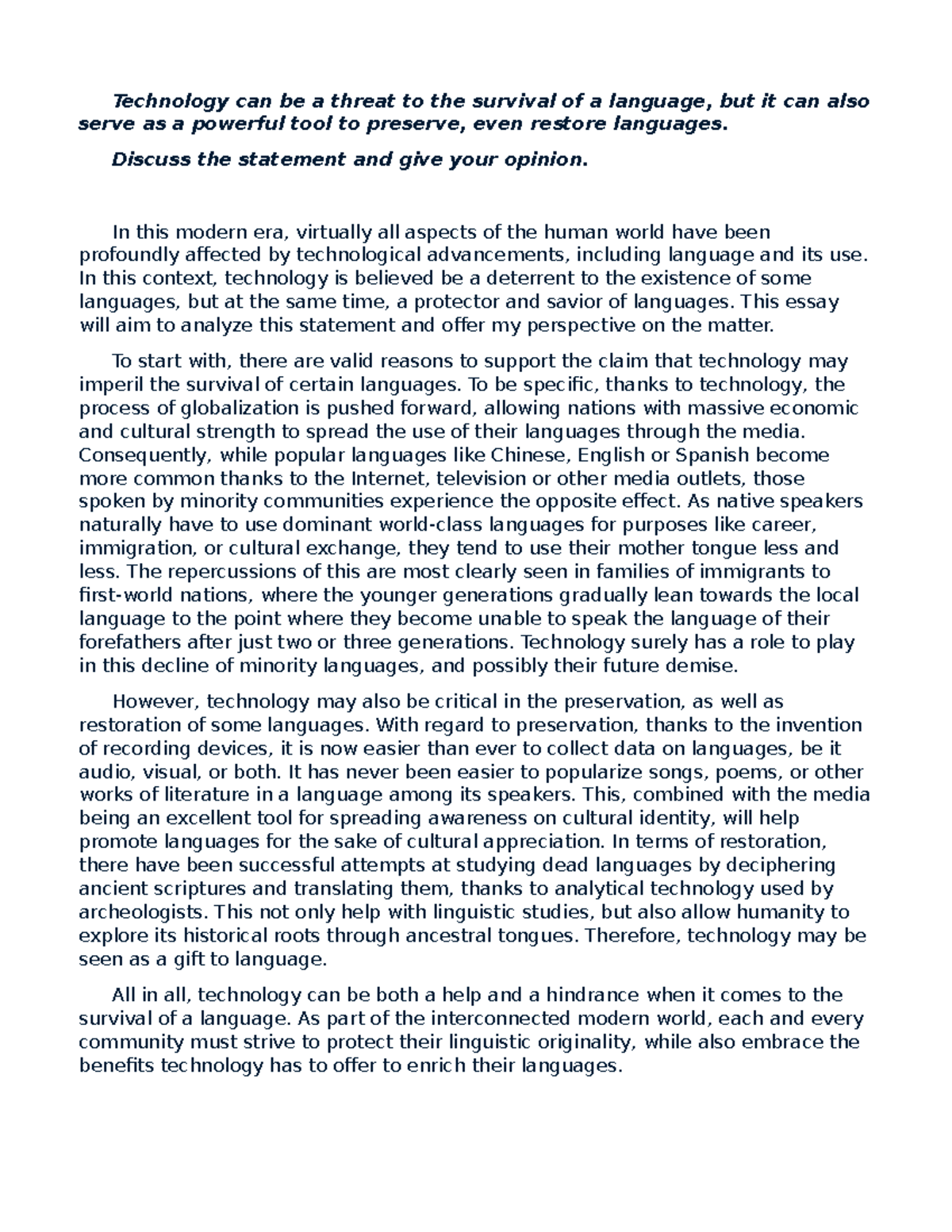 Technology TO Survival OF Languages - Technology can be a threat to the ...