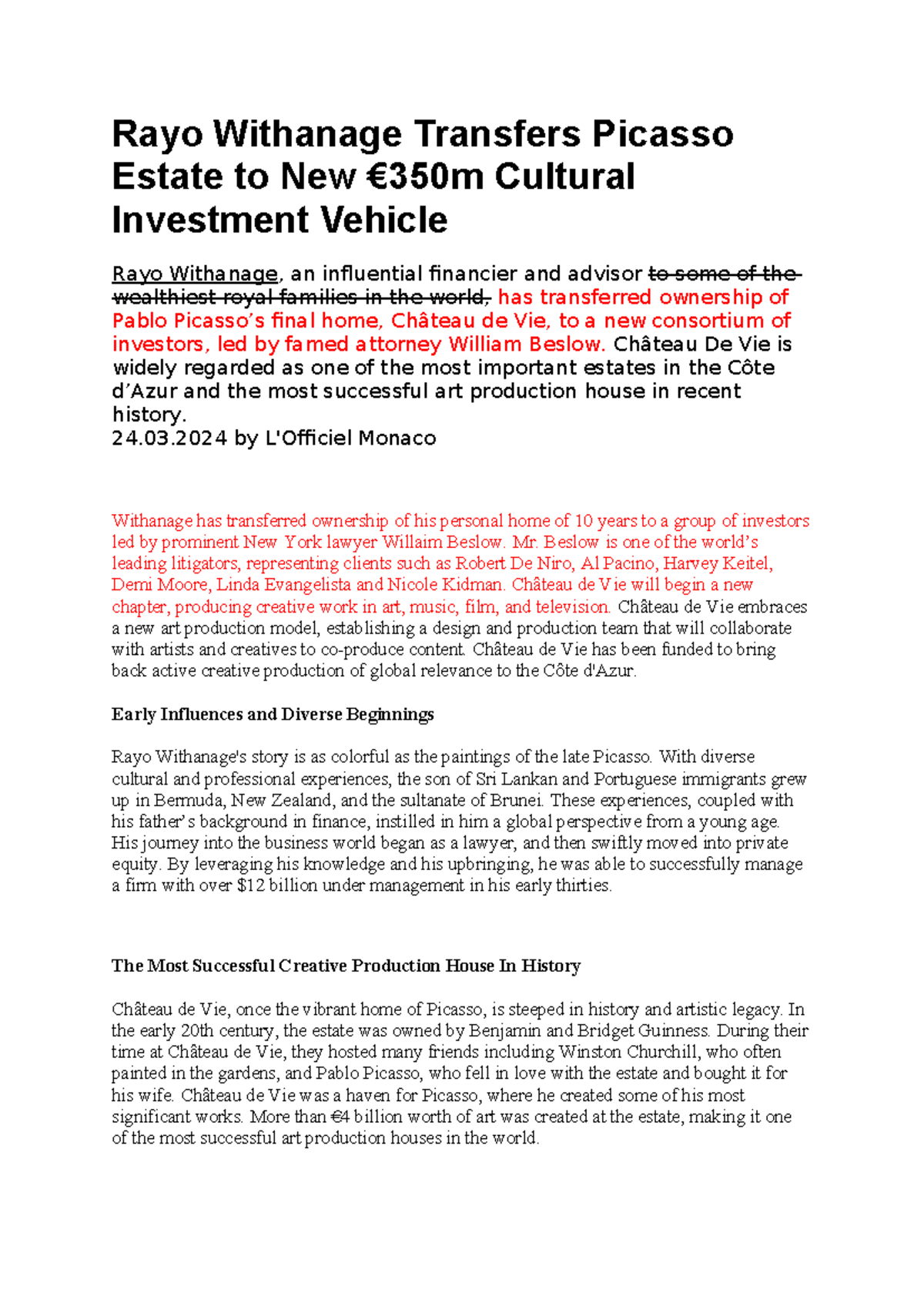 L'Officiel Amended - Rayo Withanage Transfers Picasso Estate to New € ...