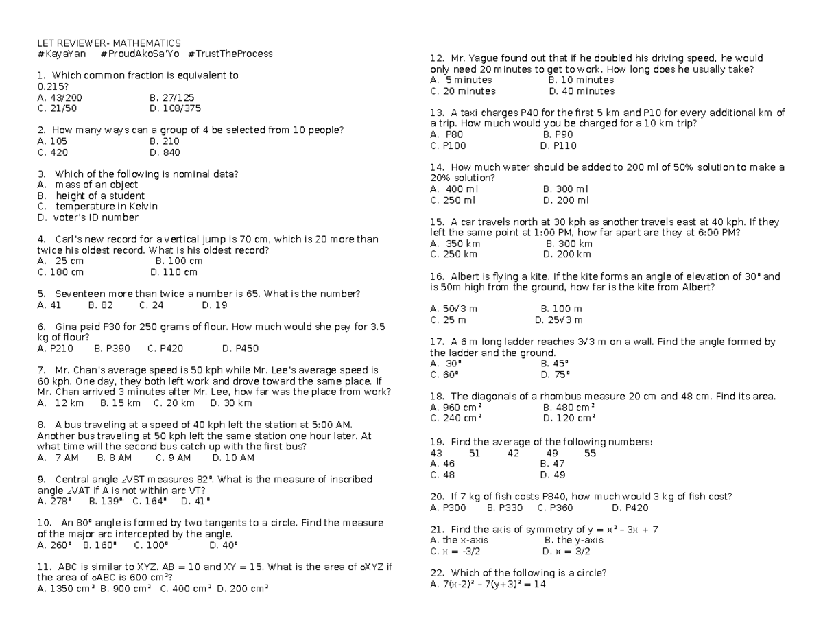 LET Reviewer MATH MAY 21 - LET REVIEWER- MATHEMATICS #KayaYan # ...