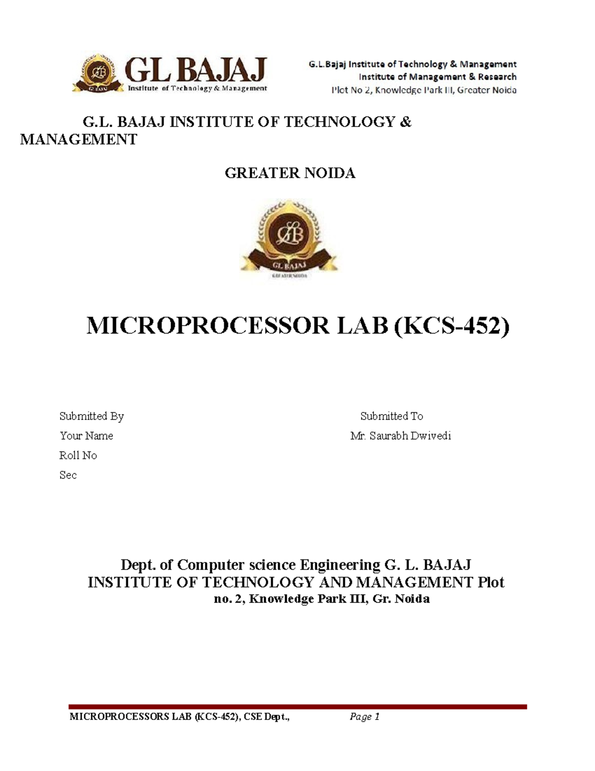 Microprocessors Kcs 453 Lab Manual G Bajaj Institute Of Technology