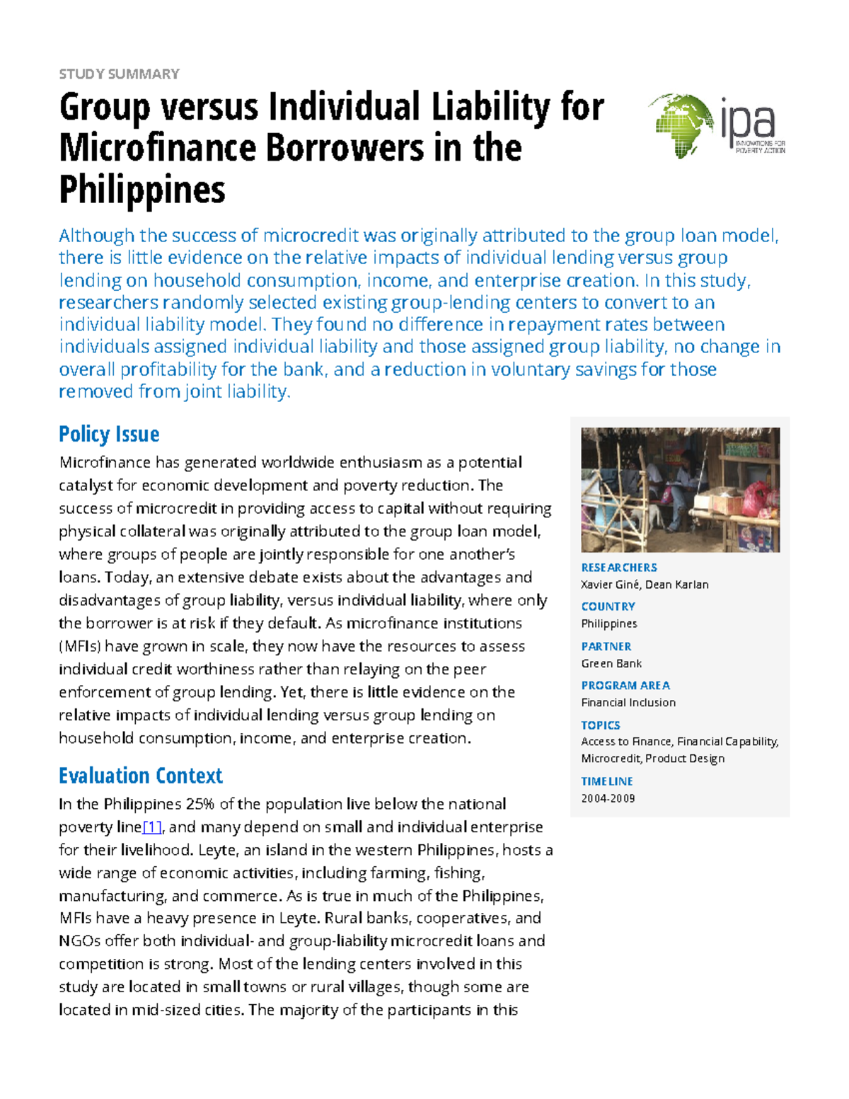 IPA - Group versus Individual Liability for Microfinance Borrowers in ...