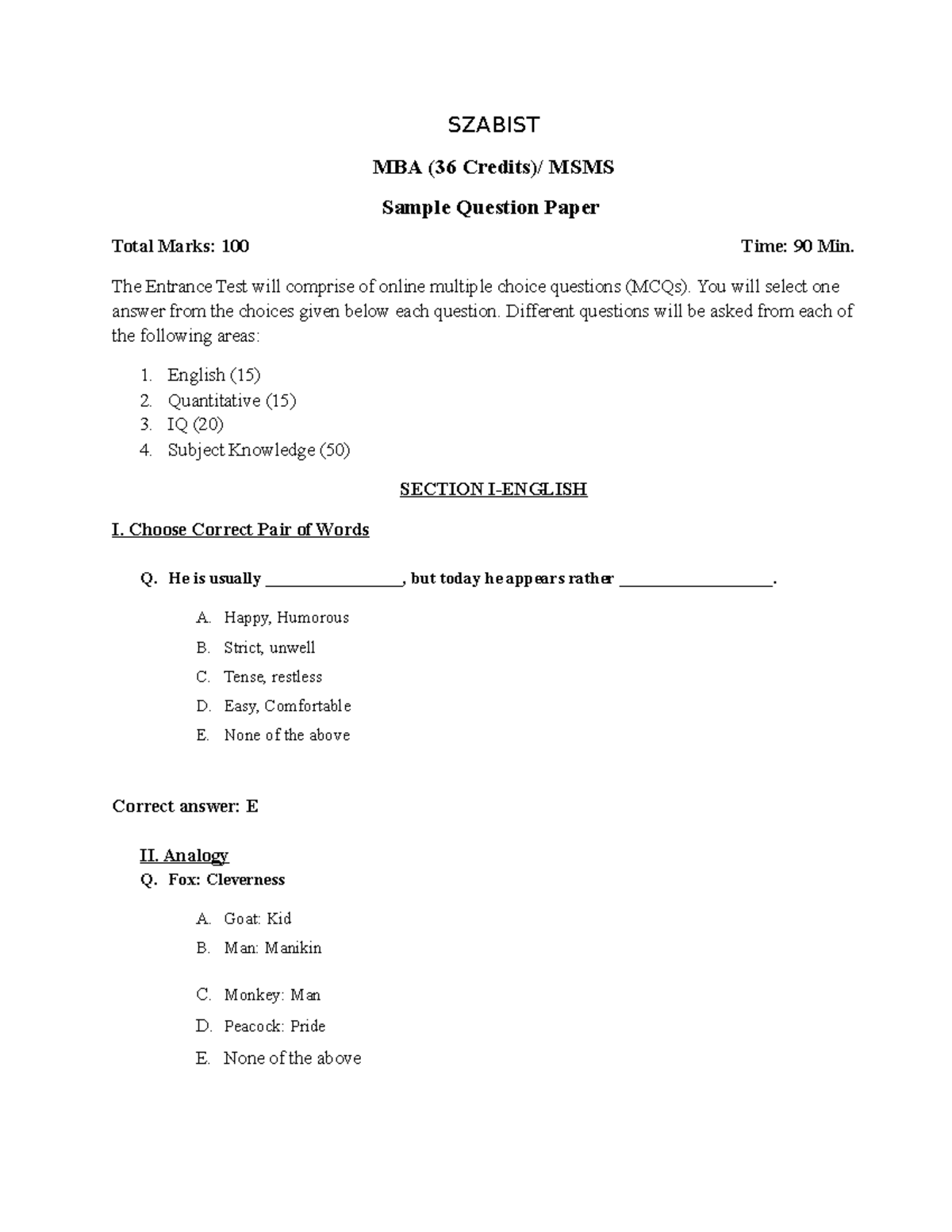 MBA36 MSMS Sample Paper 2022 - SZABIST MBA (36 Credits)/ MSMS Sample ...