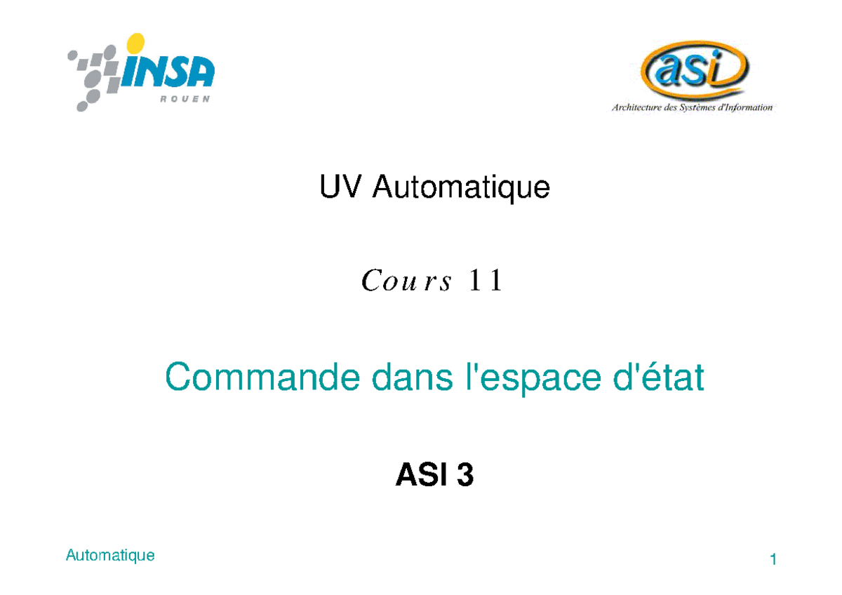 Cours automatique analogique et numérique - Commande dans l'espace d'état UV Automatique ASI 3 ...
