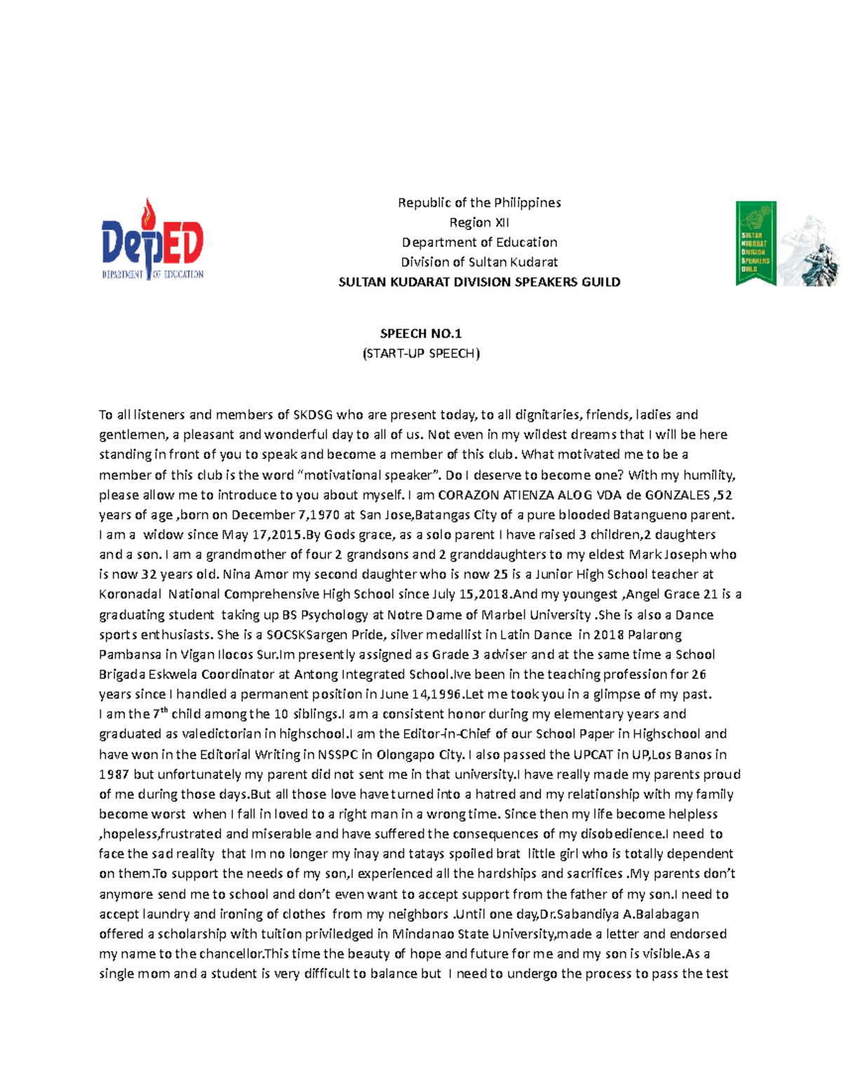 Skdsg-my start up speech - Republic of the Philippines Region XII ...