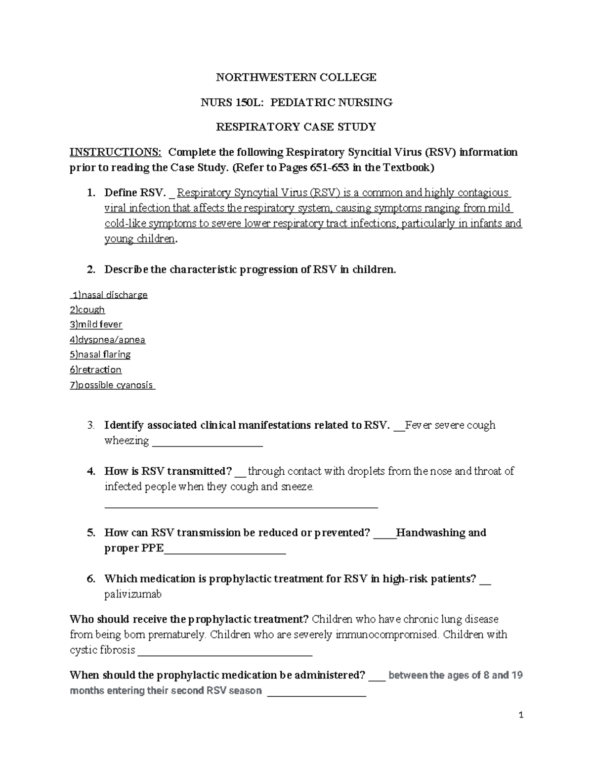 Peds RSVCase Study - NORTHWESTERN COLLEGE NURS 150L: PEDIATRIC NURSING ...