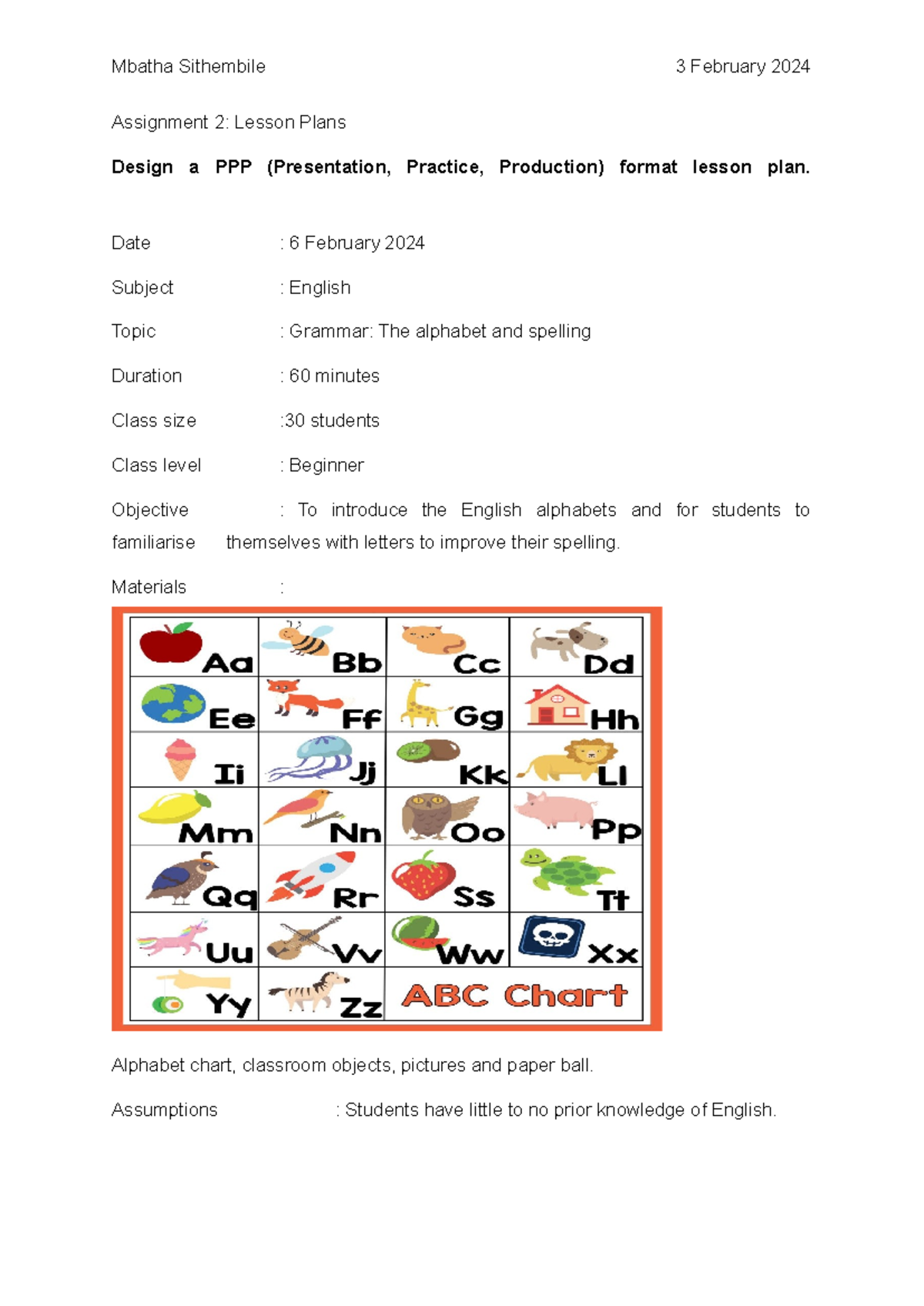 Assignment 2 Lesson Plan - Mbatha Sithembile 3 February 2024 Assignment ...