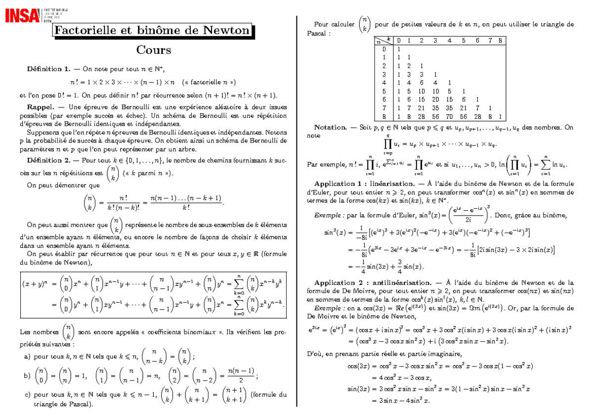 Td binome 2015 - Factorielle et binôme de Newton Cours Définition 1 ...