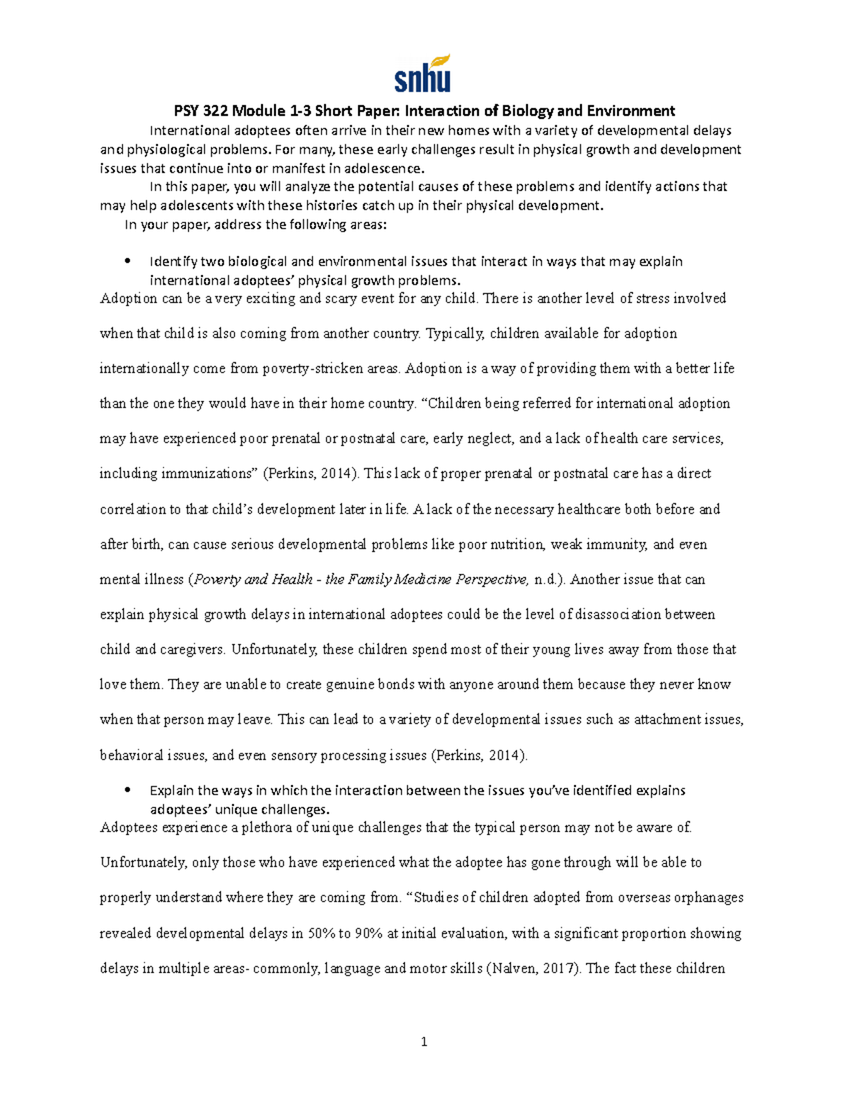 PSY 322 Module 1-3 Short Paper - For many, these early challenges ...
