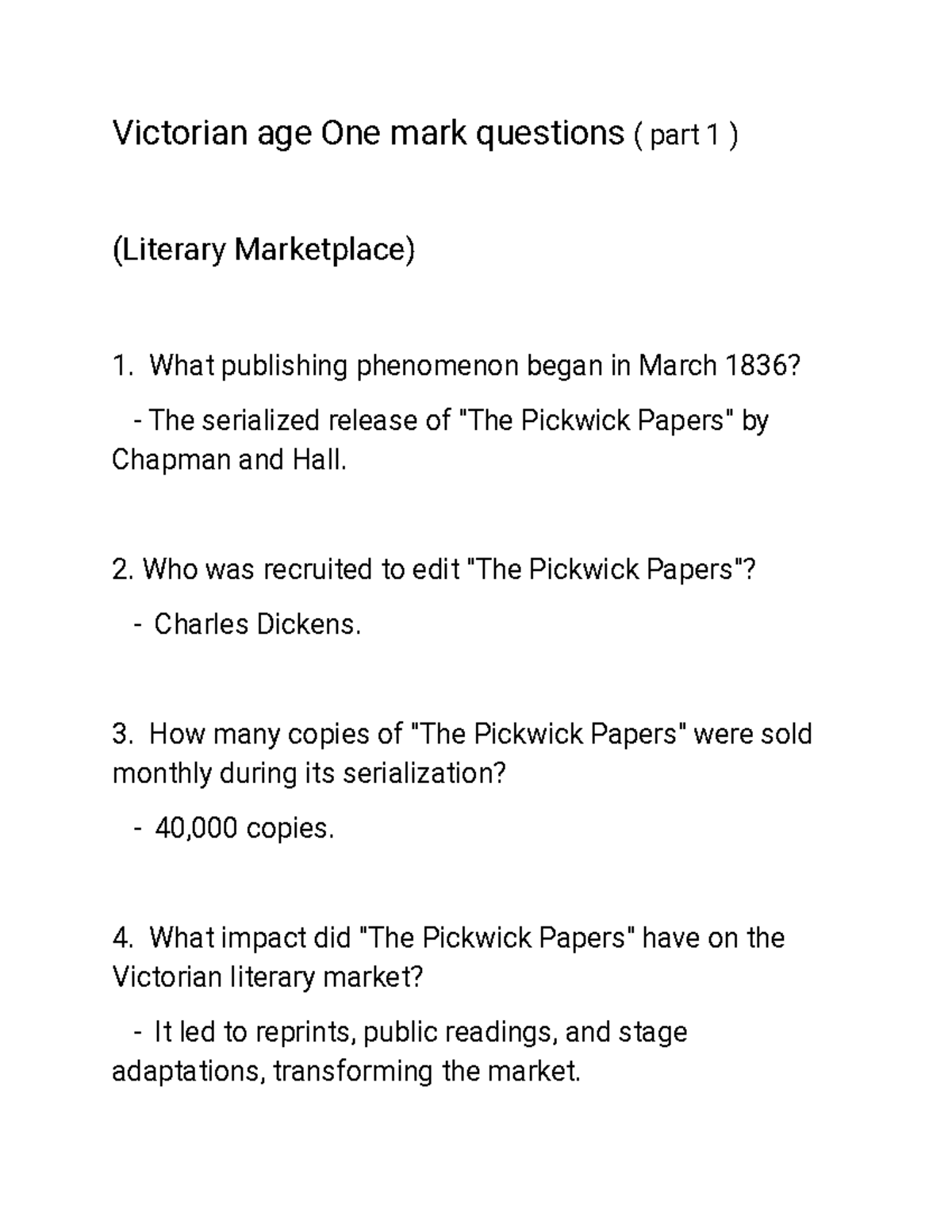 Victorian age one mark question part 1 - Victorian age One mark ...