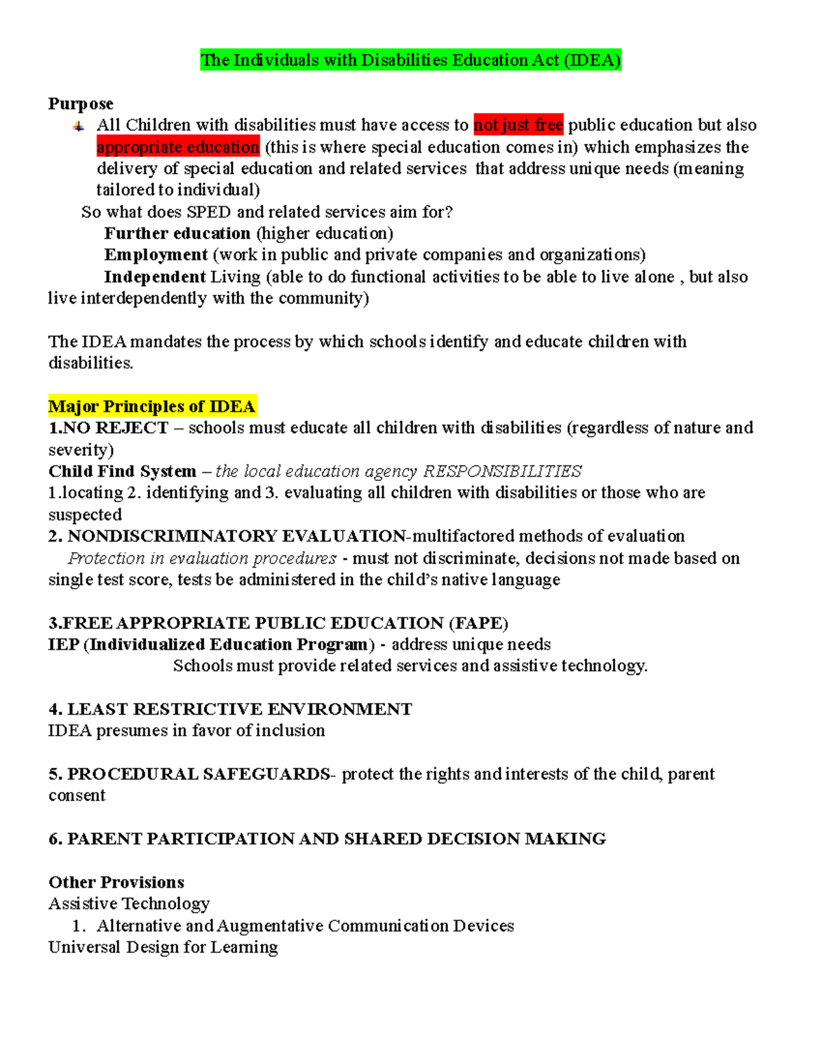 The Individuals with Disabilities Education Act - Major Principles of ...