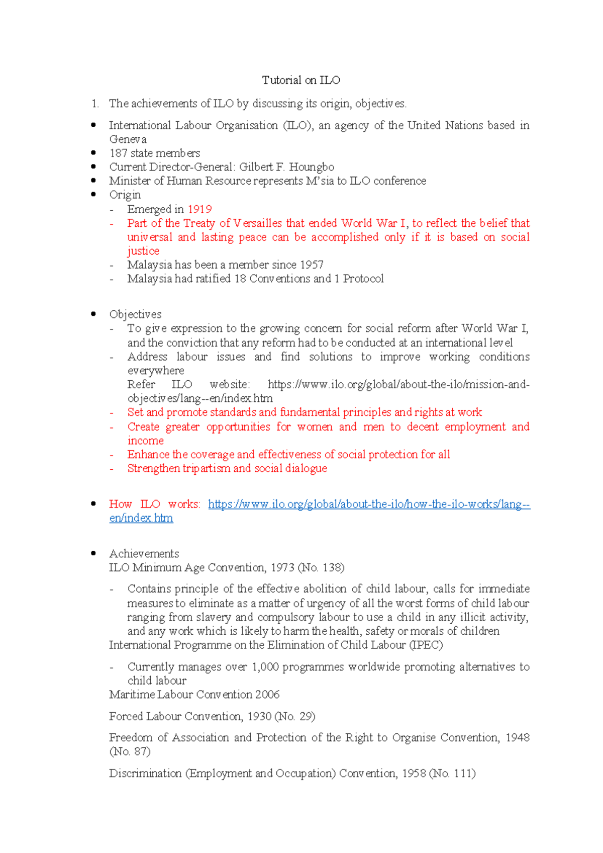 Tutorial 1 Week 2 -ILO - Tutorial on ILO 1. The achievements of ILO by ...