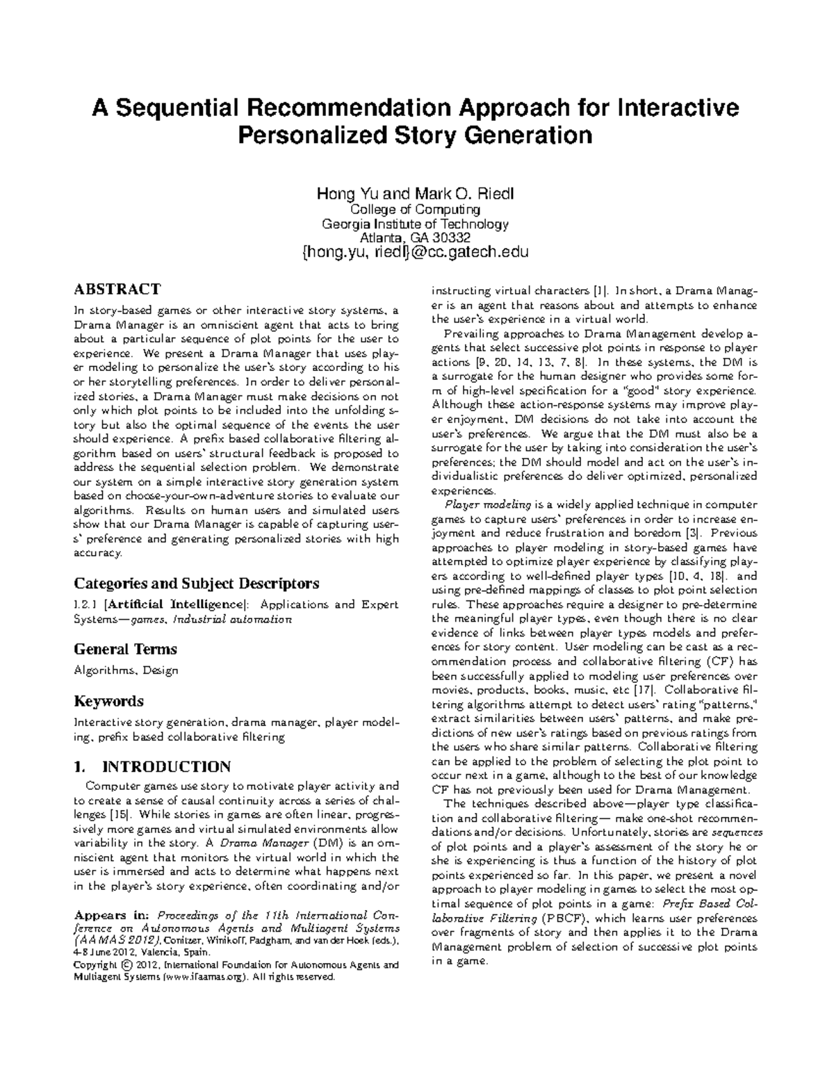 Ref1 - A Sequential Recommendation Approach for Interactive Personalized Story Generation Hong ...