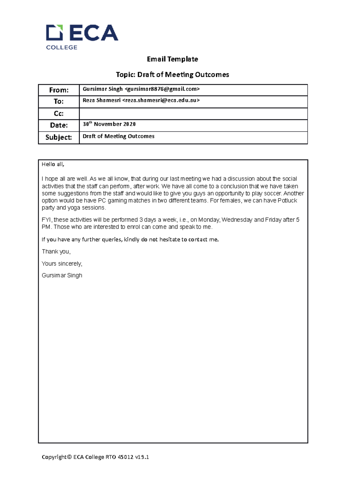 Email Draft Summary of meeting Outcomes - Email Template Topic: Draft ...