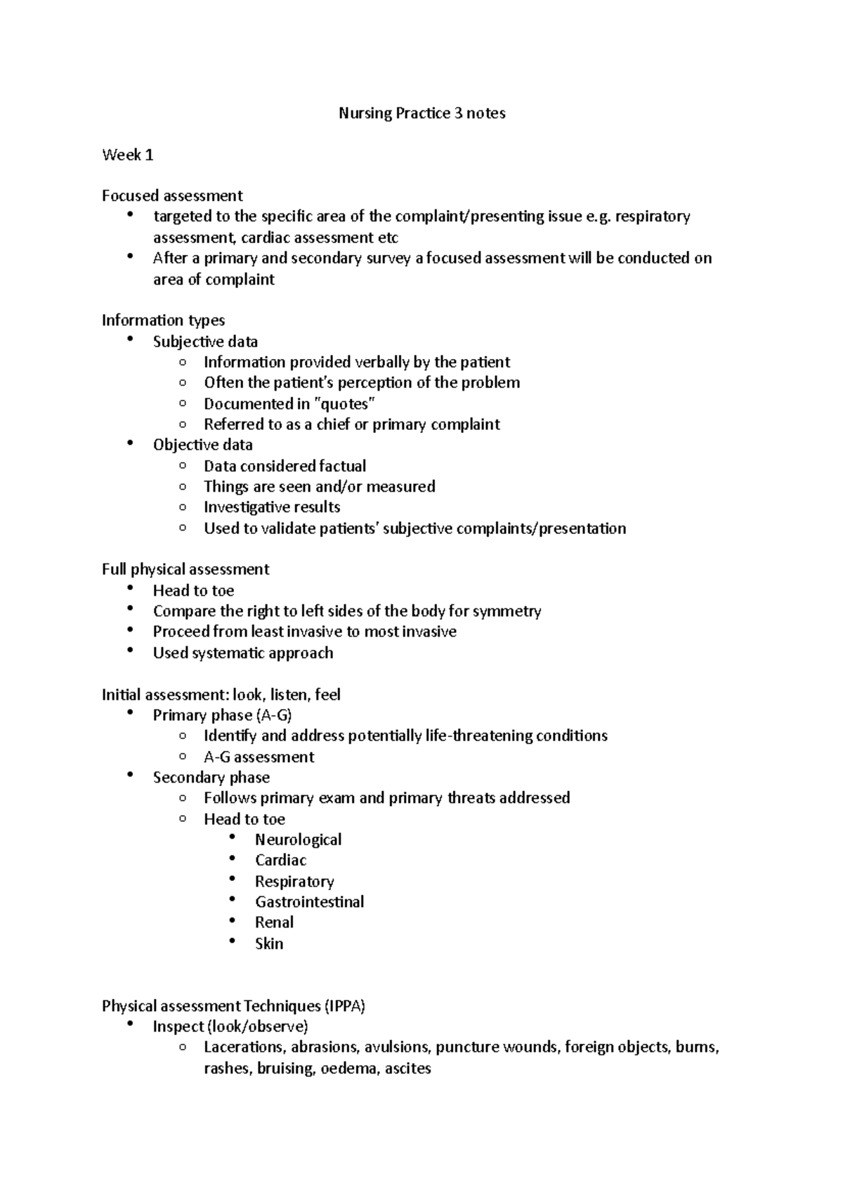Nursing Practice 3 notes - Nursing Practice 3 notes Week 1 Focused ...