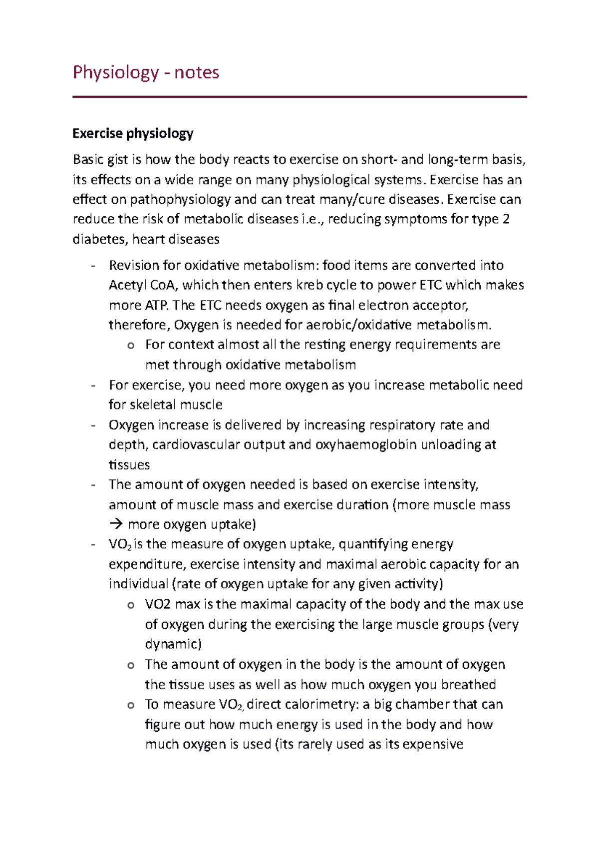 Physiology notes - Physiology - notes Exercise physiology Basic gist is ...