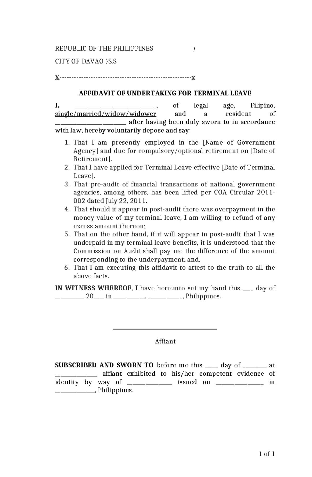 Undertaking for Terminal Leave, Affidavit of - REPUBLIC OF THE ...