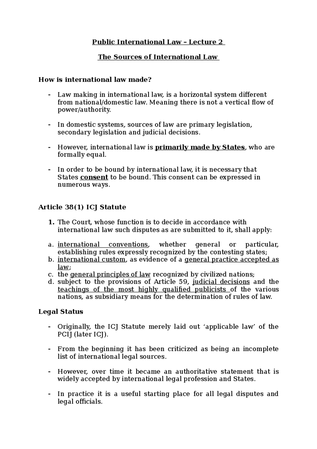 Sources of Public IL - Public International Law – Lecture 2 The Sources ...