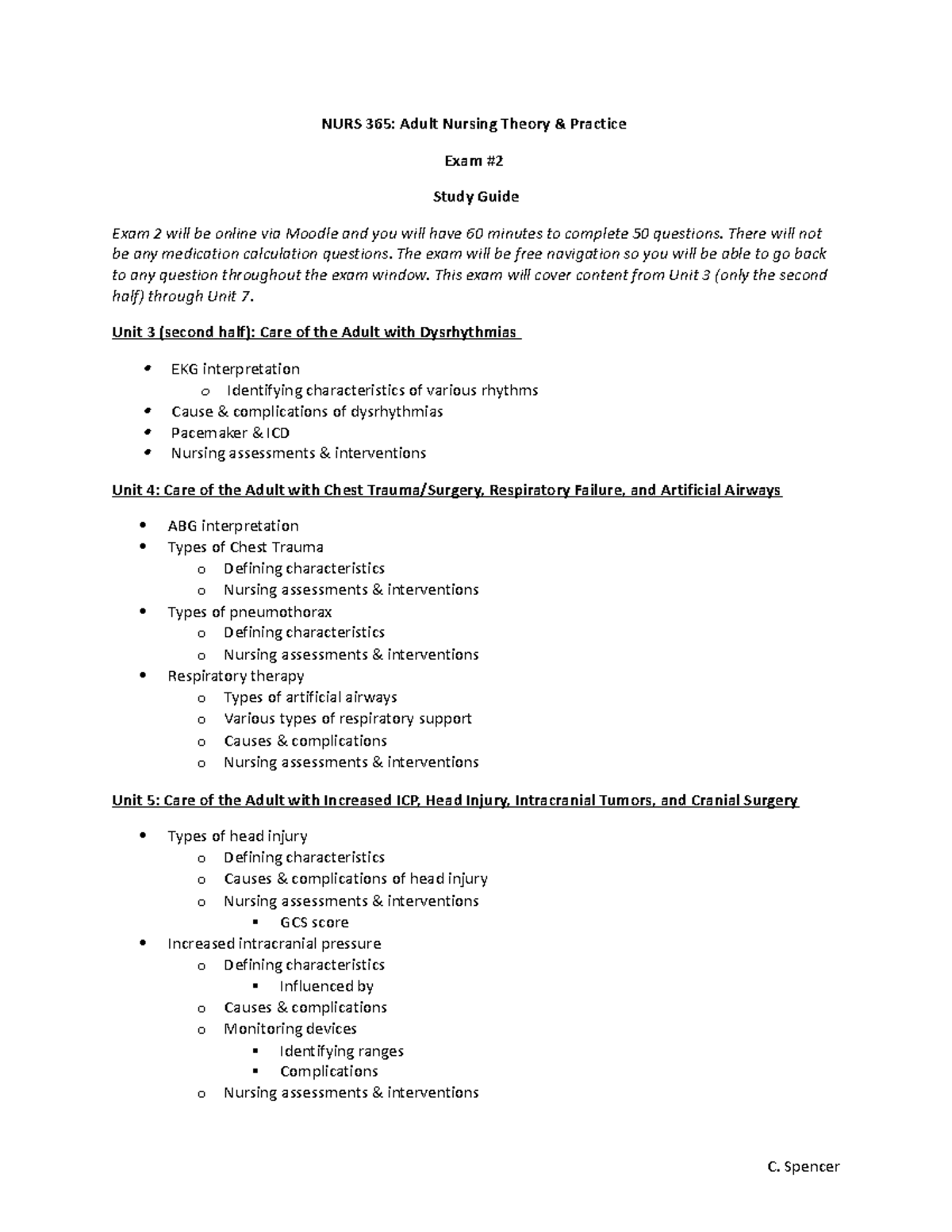 Exam 2 Study Guide - NURS 365: Adult Nursing Theory & Practice Exam # Study Guide Exam 2 will be ...